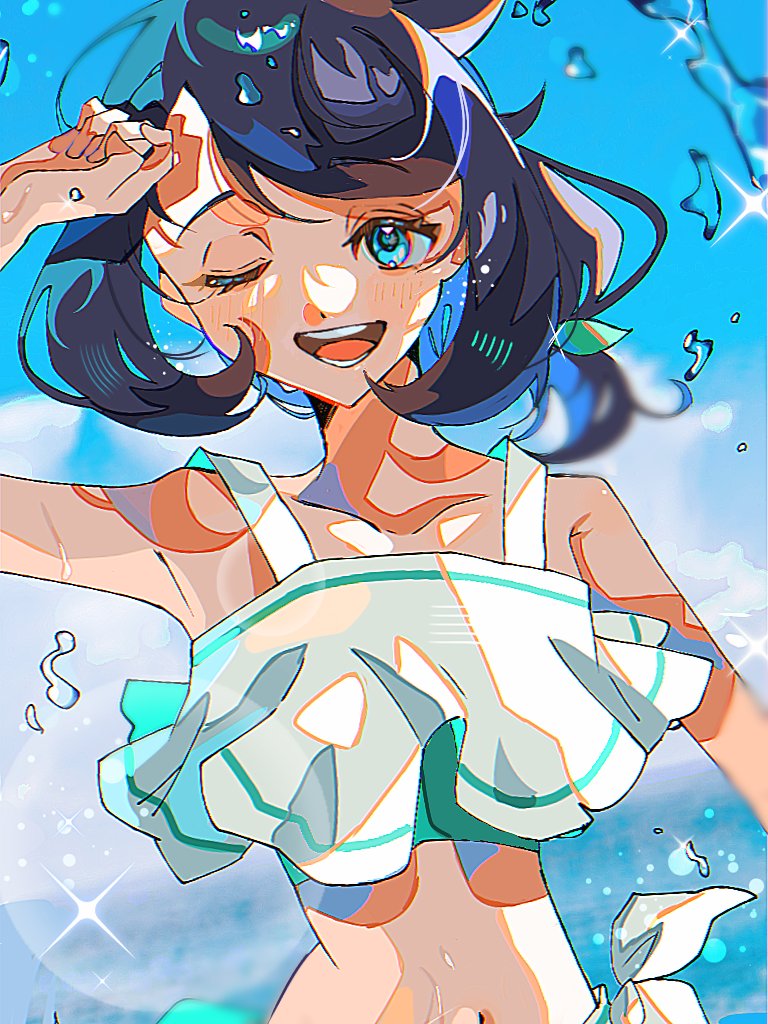 Safebooru - 1girl ;d arm up bare shoulders bikini black hair blue eyes blue sky clouds ...