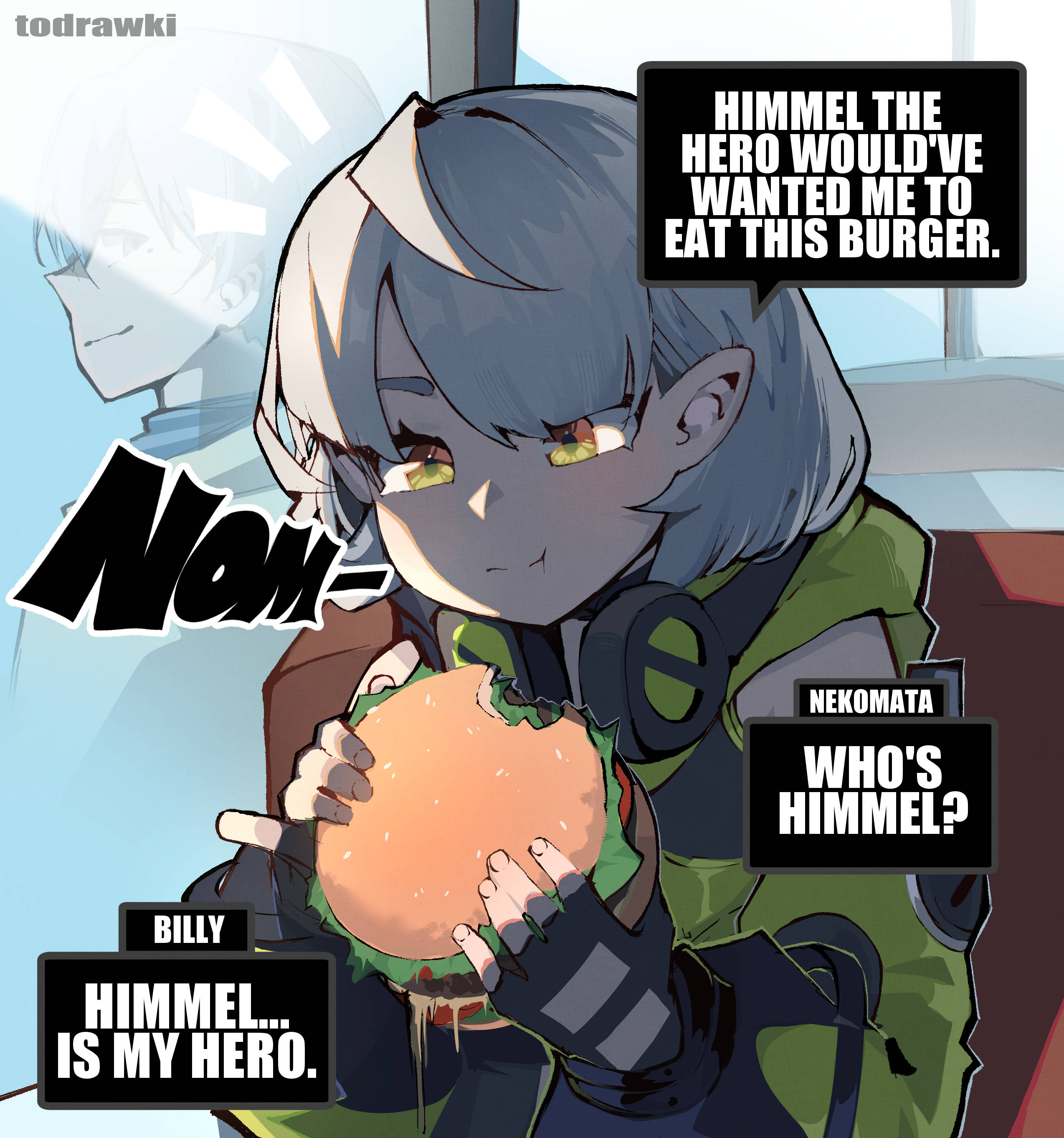 Safebooru - 1boy 1girl :t absurdres anby demara artist name black gloves blue hair burger ...