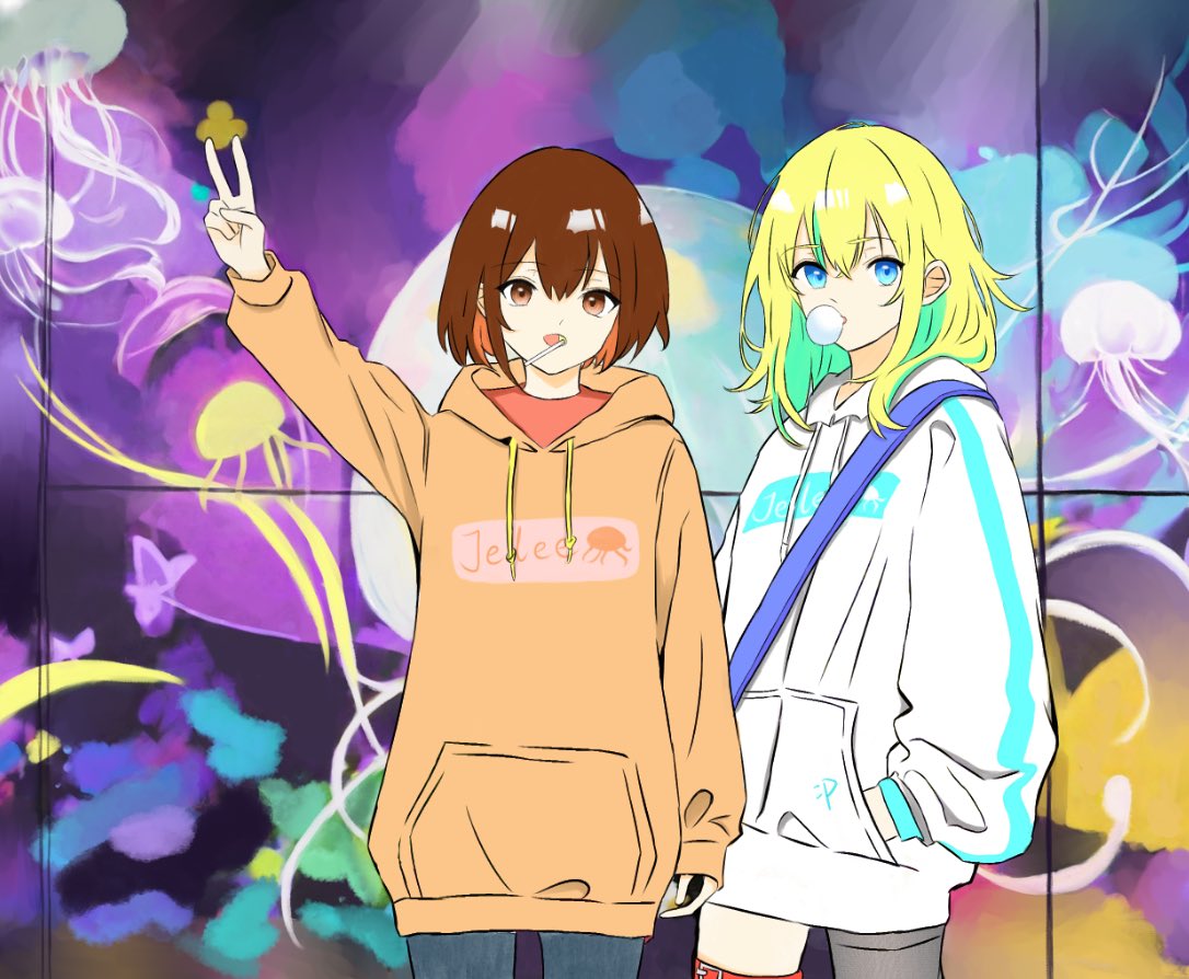 Safebooru - 2girls asymmetrical legwear blonde hair blue bag blue eyes blue pants bob cut brown ...
