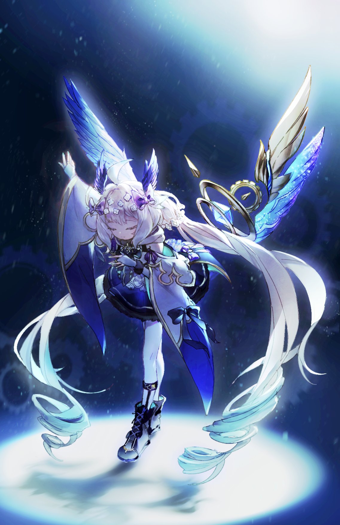 Safebooru - 1girl absurdly long hair arm up bird girl bird wings boots bow bridal gauntlets ...