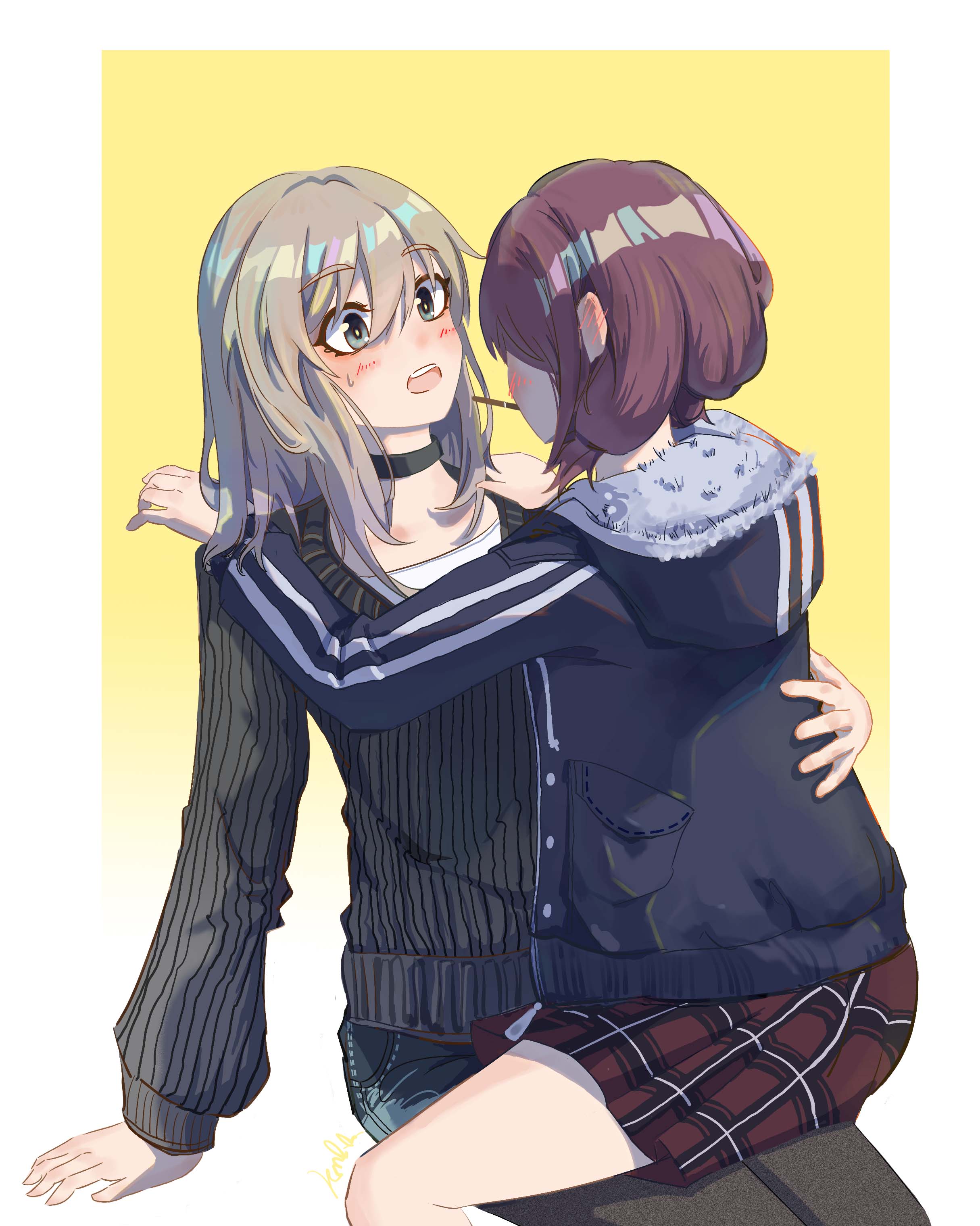 Safebooru - 2girls absurdres black choker black pantyhose black sweater blue jacket blue shorts ...