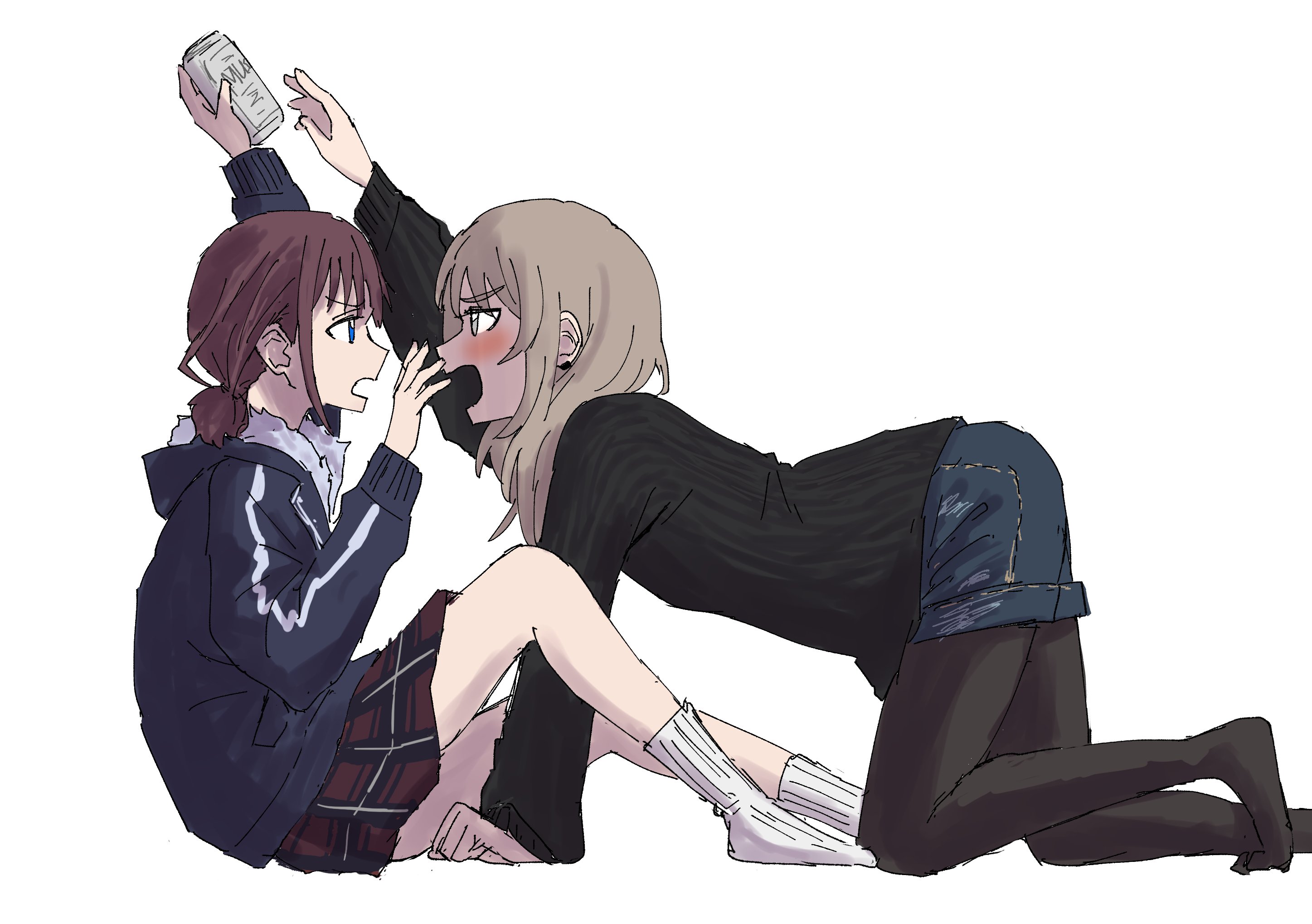 Safebooru - 2girls alcohol arm up black pantyhose black sweater blue eyes blue jacket blue ...