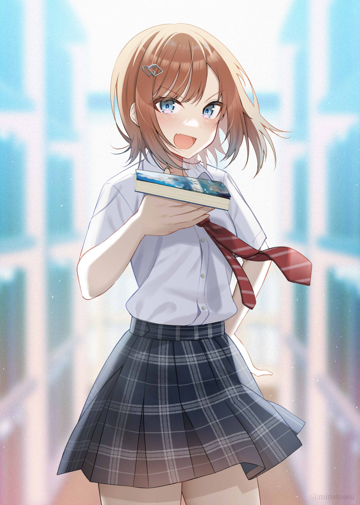 Safebooru - 1girl :d black skirt blue eyes blurry blurry background ...