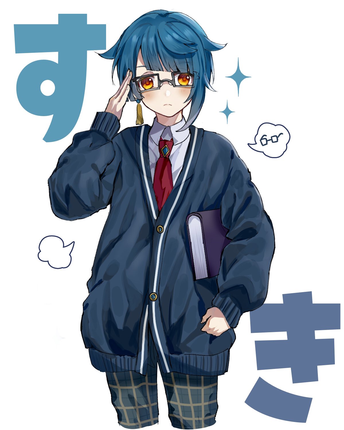 Safebooru - 1boy black pants blue hair blue jacket book closed mouth earrings genshin impact ...