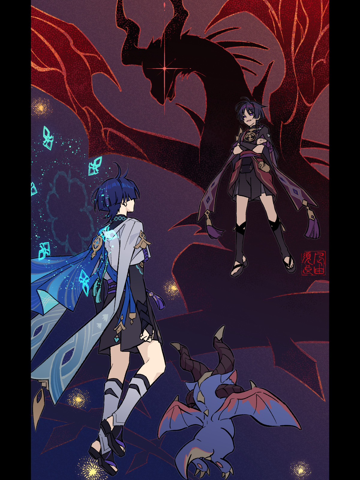 Safebooru - 2boys armor back belt black bodysuit black gloves black kimono black shorts black ...