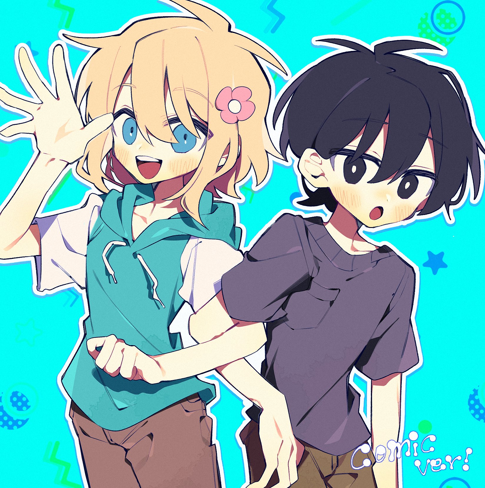 Safebooru - 2boys :d :o alternate hair length alternate hairstyle basil (faraway) (omori) basil ...