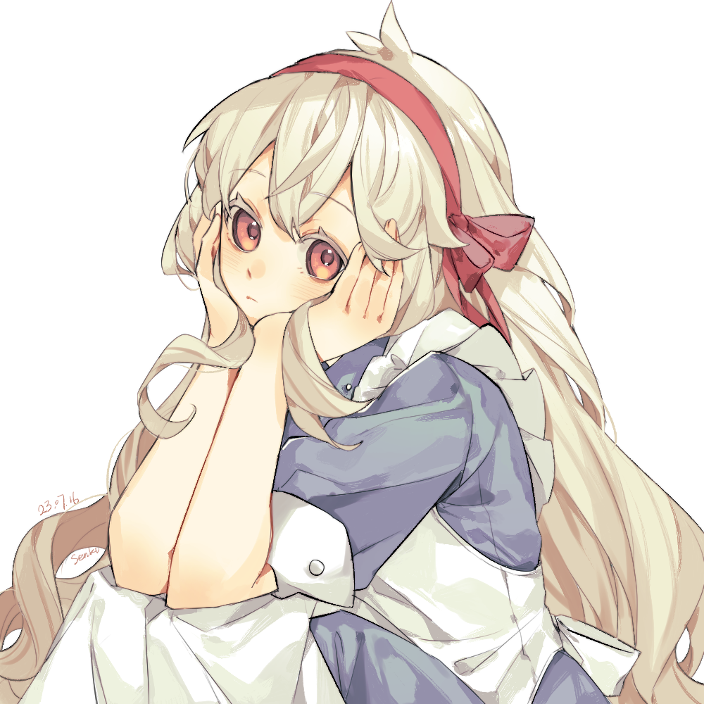 Safebooru - 1girl apron blue dress bow closed mouth dress hair bow hairband hand on own face ...