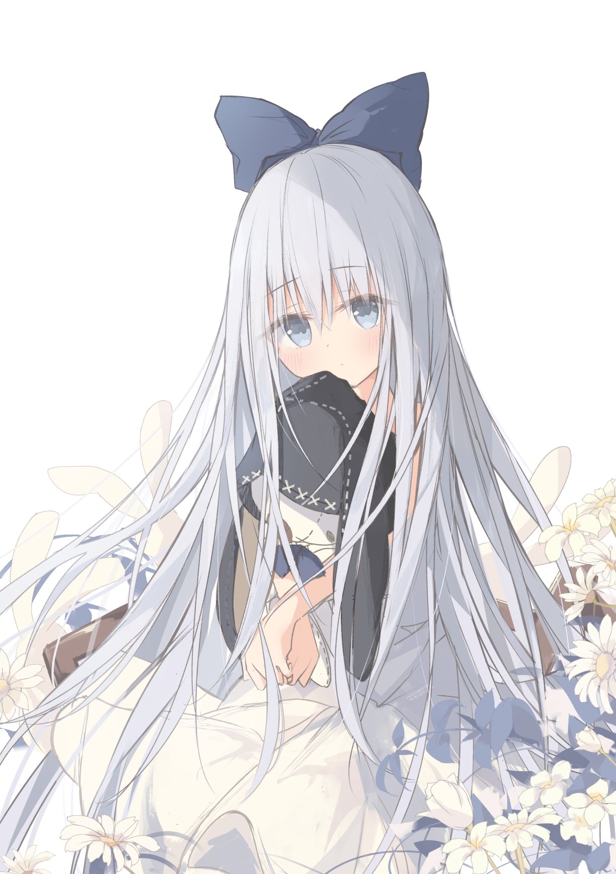 Safebooru - 1girl bare shoulders blue bow blue eyes blush bow closed mouth commentary request ...