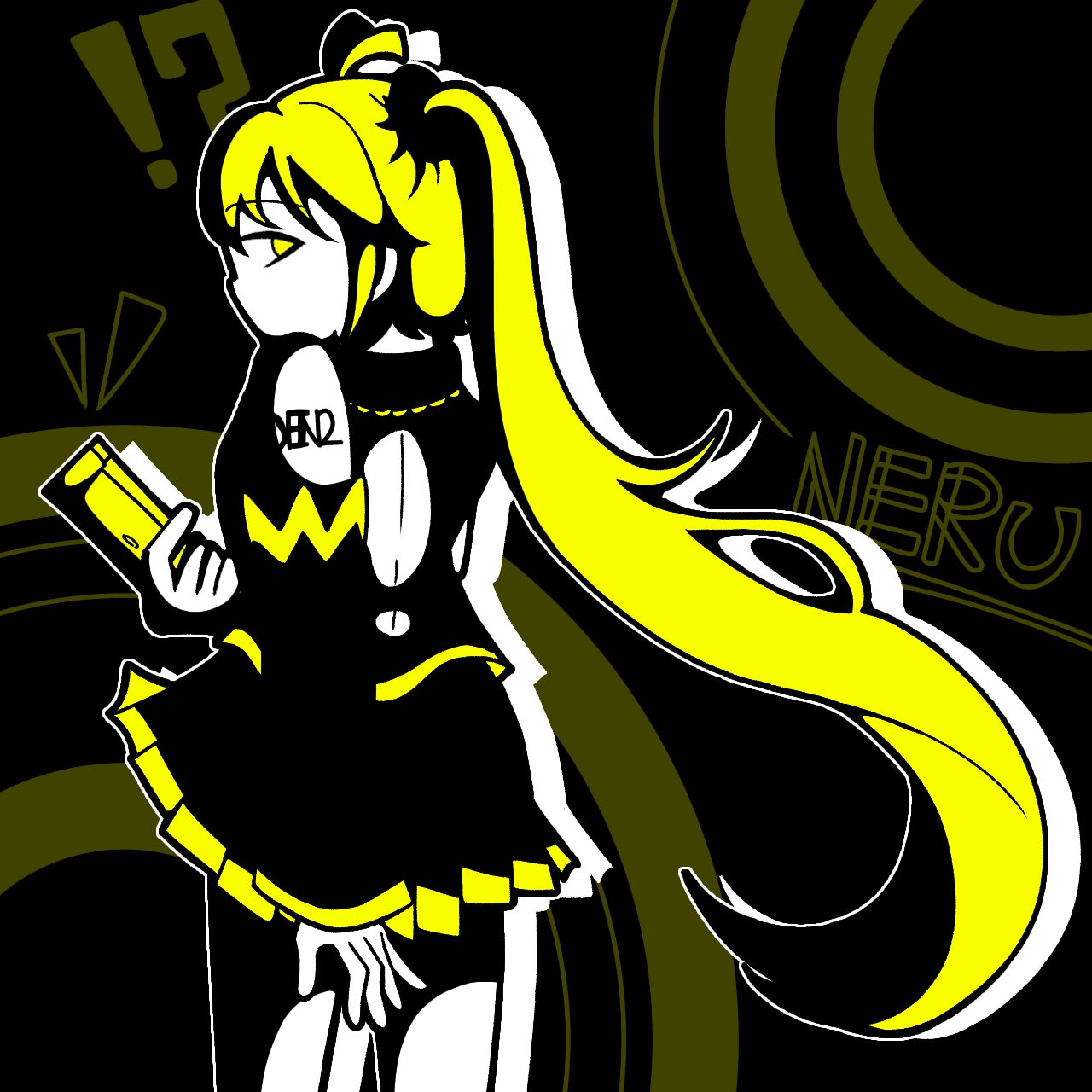 Safebooru - ! !? 1girl ? ahoge akita neru black background black shirt black skirt blonde hair ...