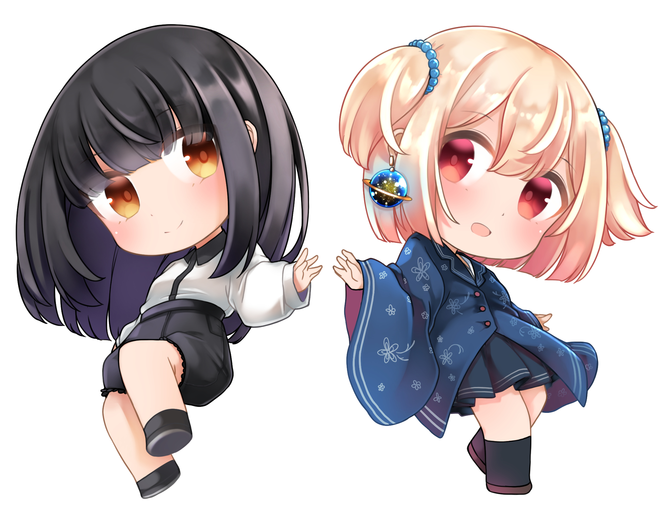Safebooru - 2girls :d black footwear black hair black shorts black skirt black socks blonde hair ...