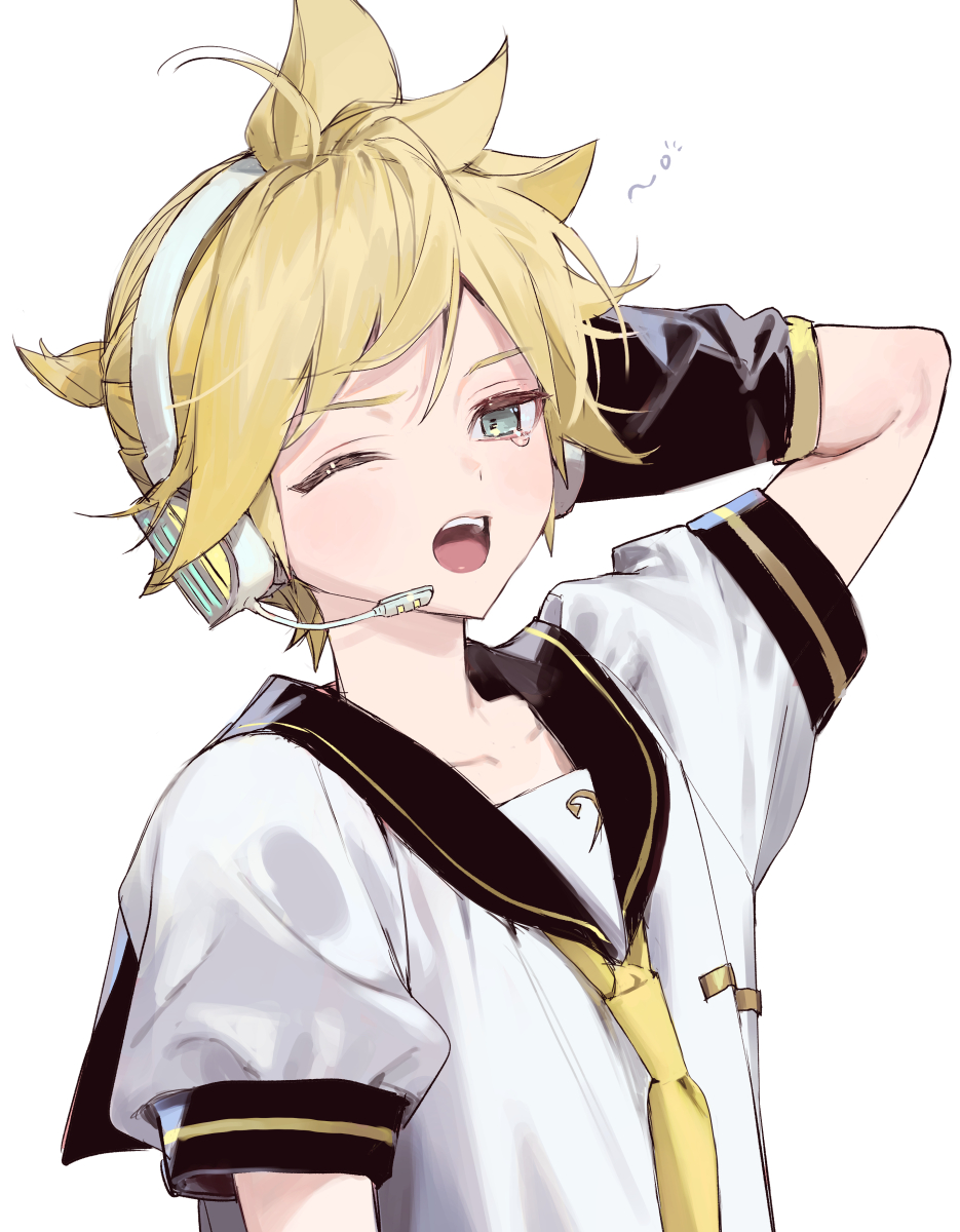 Safebooru - 1boy aqua eyes arm behind head black sailor collar black ...