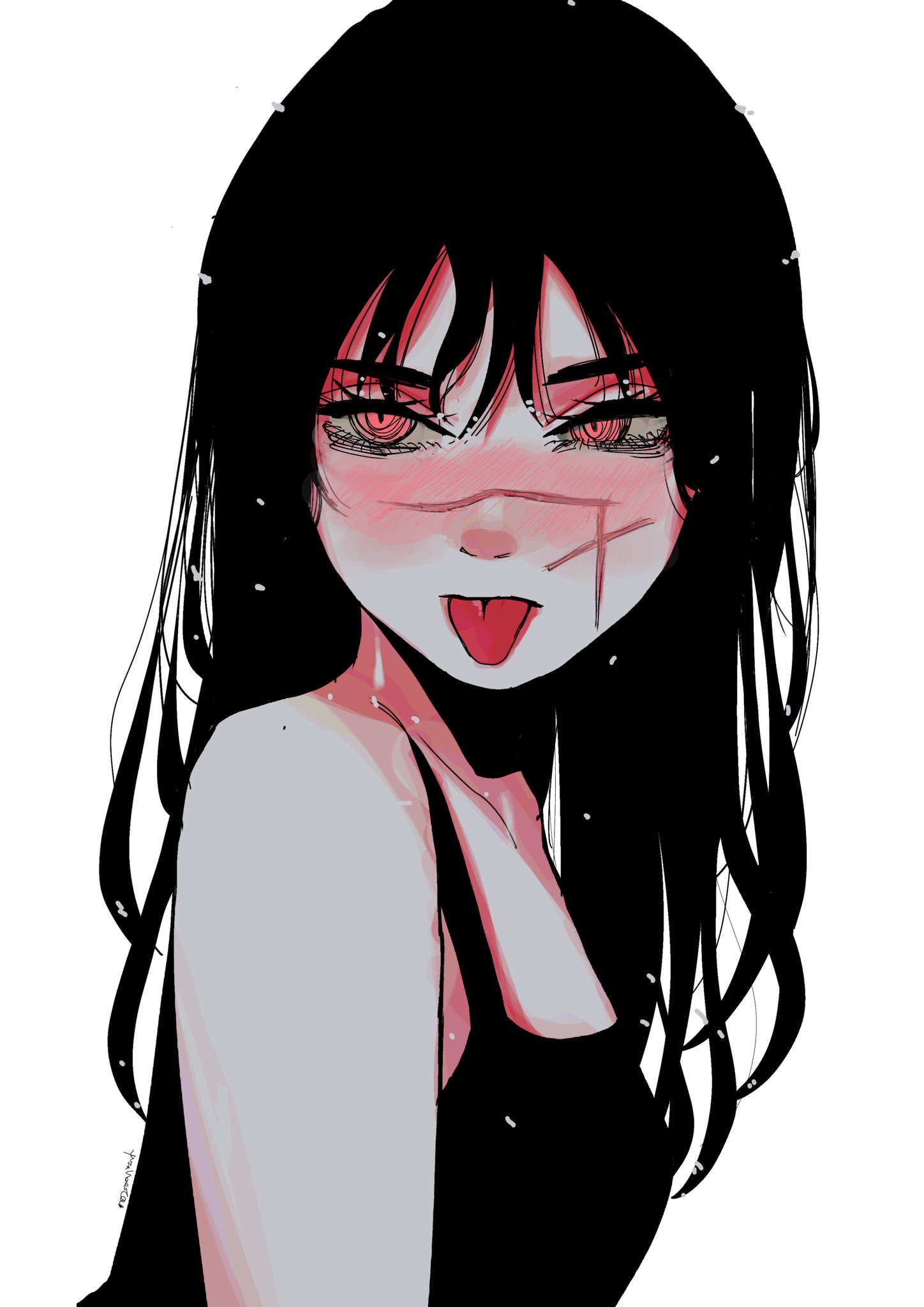 Safebooru - 1girl black hair blush chainsaw man cross scar highres long hair ringed eyes scar ...