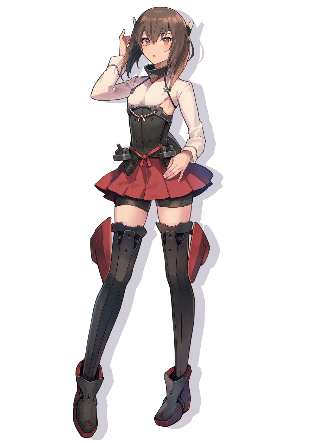 Safebooru - 1girl adjusting hair bike shorts black thighhighs brown eyes brown hair flat chest ...