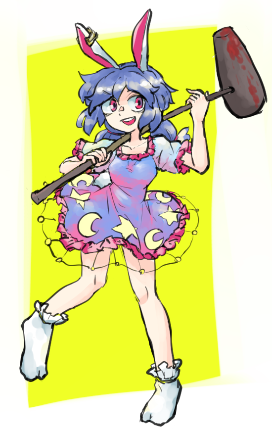 Safebooru - 1girl animal ears blue hair border breasts crescent print dress frilled dress ...