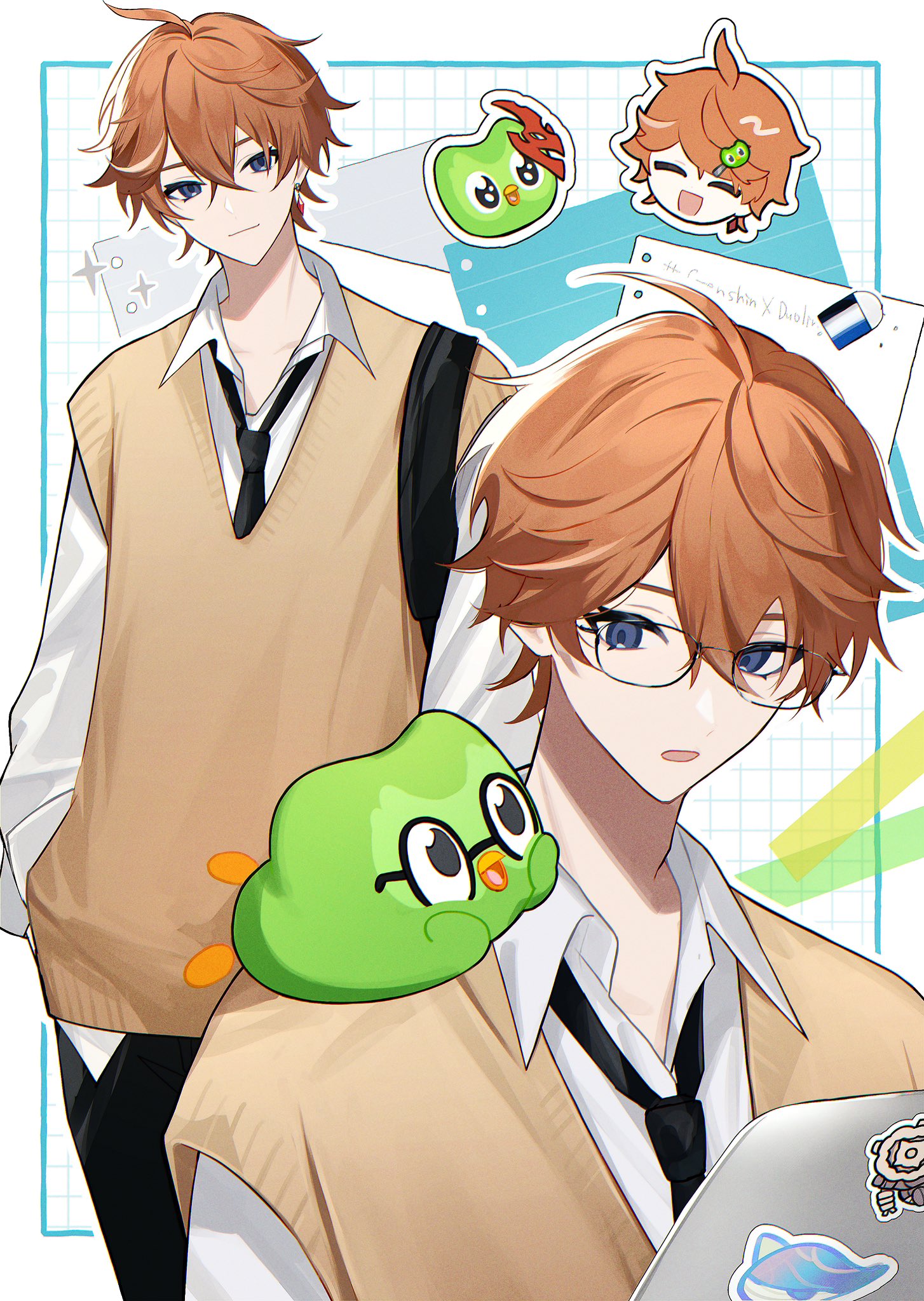 Safebooru - 1boy 1other black necktie black pants blue eyes closed ...