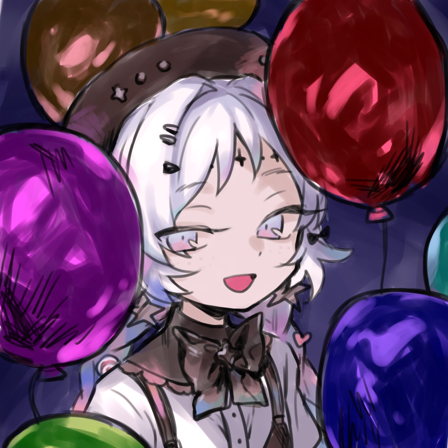 Safebooru - 1girl :d balloon balloon party beret black bow black bowtie black hat blue ...