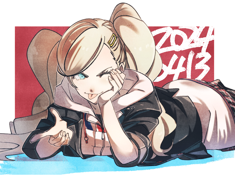Safebooru - 1girl 2024 :p blonde hair blue eyes border commentary dated hair ornament hairclip ...