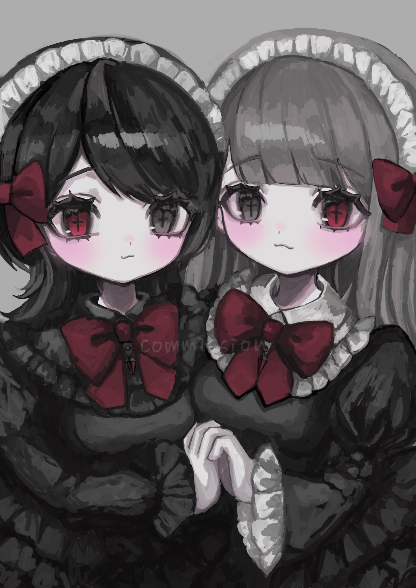 Safebooru - 2girls :3 bad id bad twitter id black dress black eyes black hair bow bowtie breasts ...