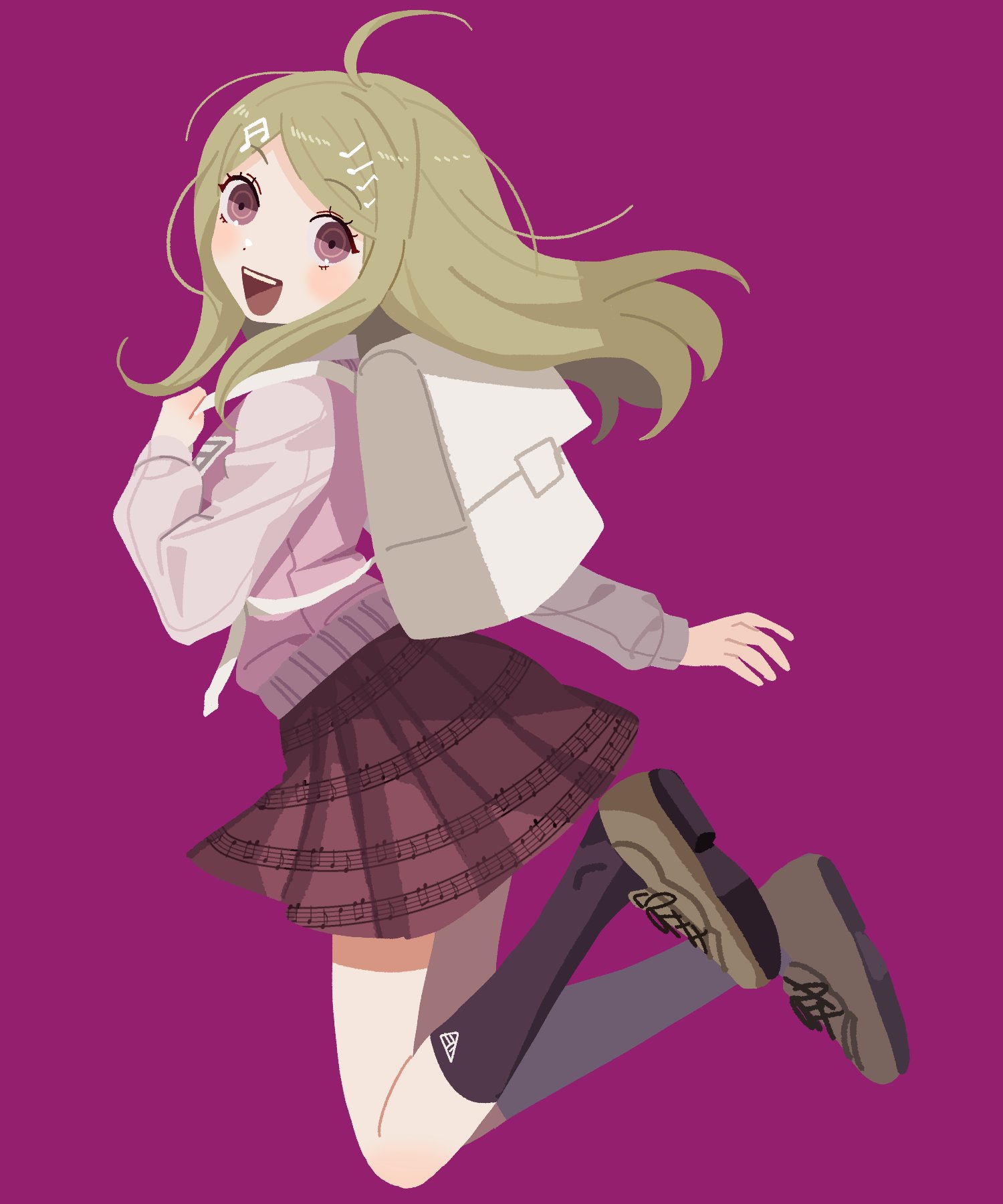 Safebooru - 1girl :d ahoge akamatsu kaede backpack bag black socks brown footwear brown skirt ...