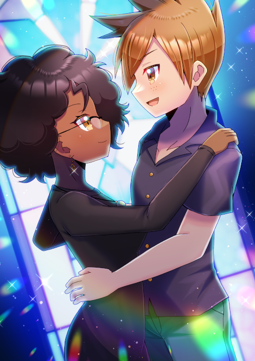 Safebooru - 1boy 1girl :d black-framed eyewear black hair black shirt blush brown eyes brown ...