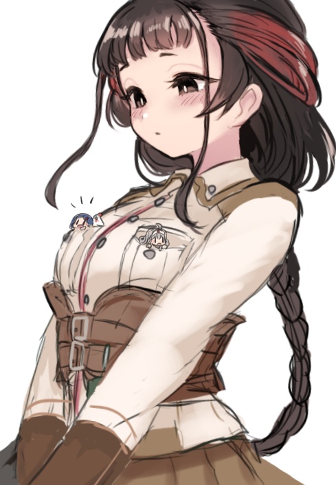 Safebooru - 3girls black hair blue hair blunt bangs blush braid breast pocket breasts brown eyes ...