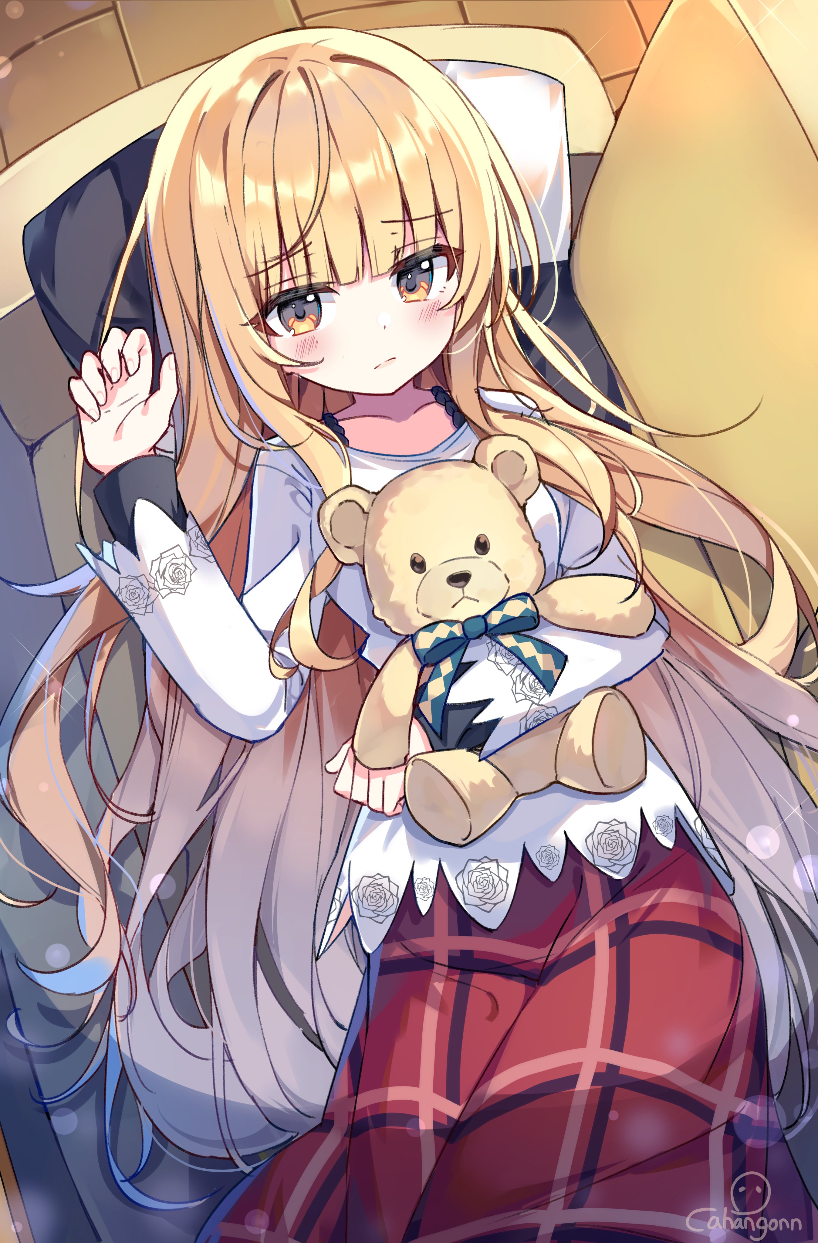 Safebooru - 1girl absurdres blonde hair closed mouth collarbone couch ...