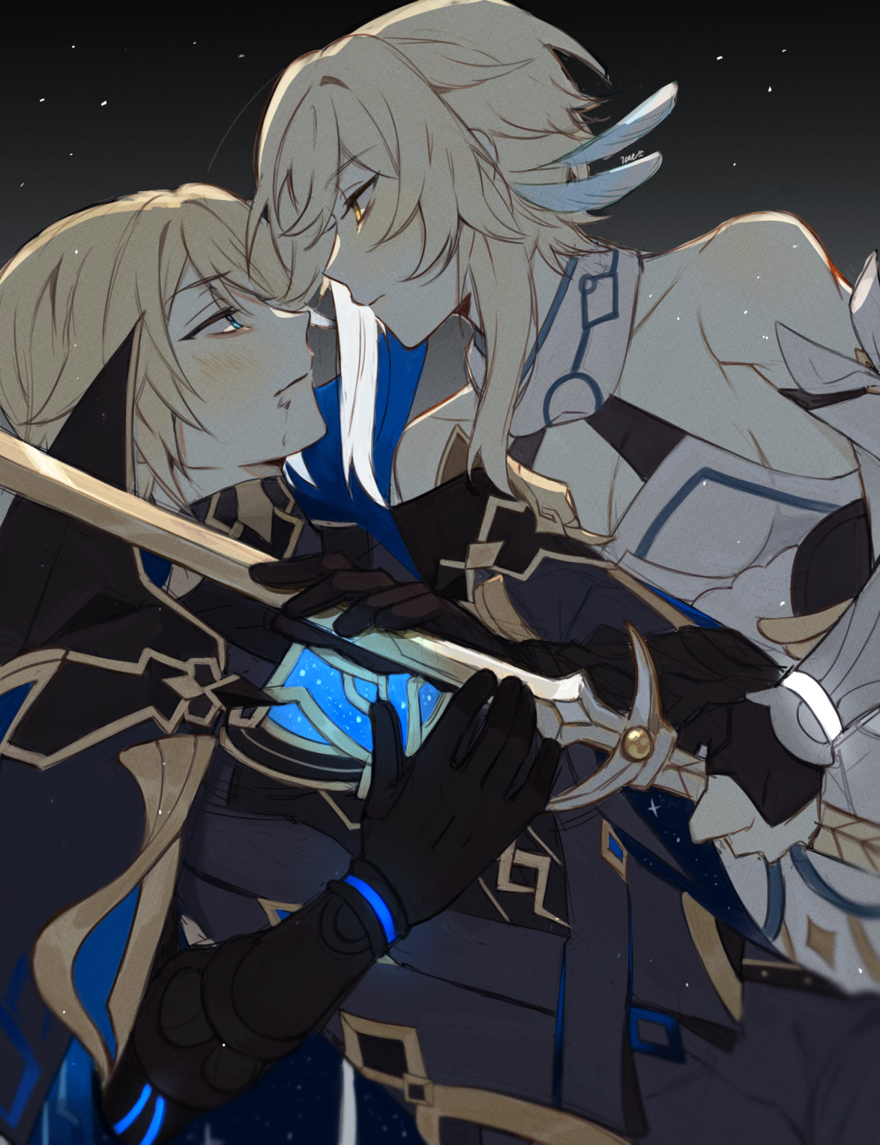 Safebooru - 1boy 1girl arm armor artist name bare shoulders black cape black gloves black pants ...