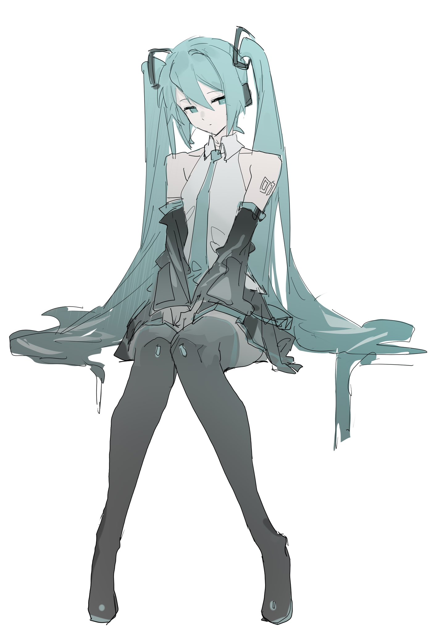 Safebooru - 1girl aqua eyes aqua hair aqua necktie bare shoulders between legs black skirt boots ...