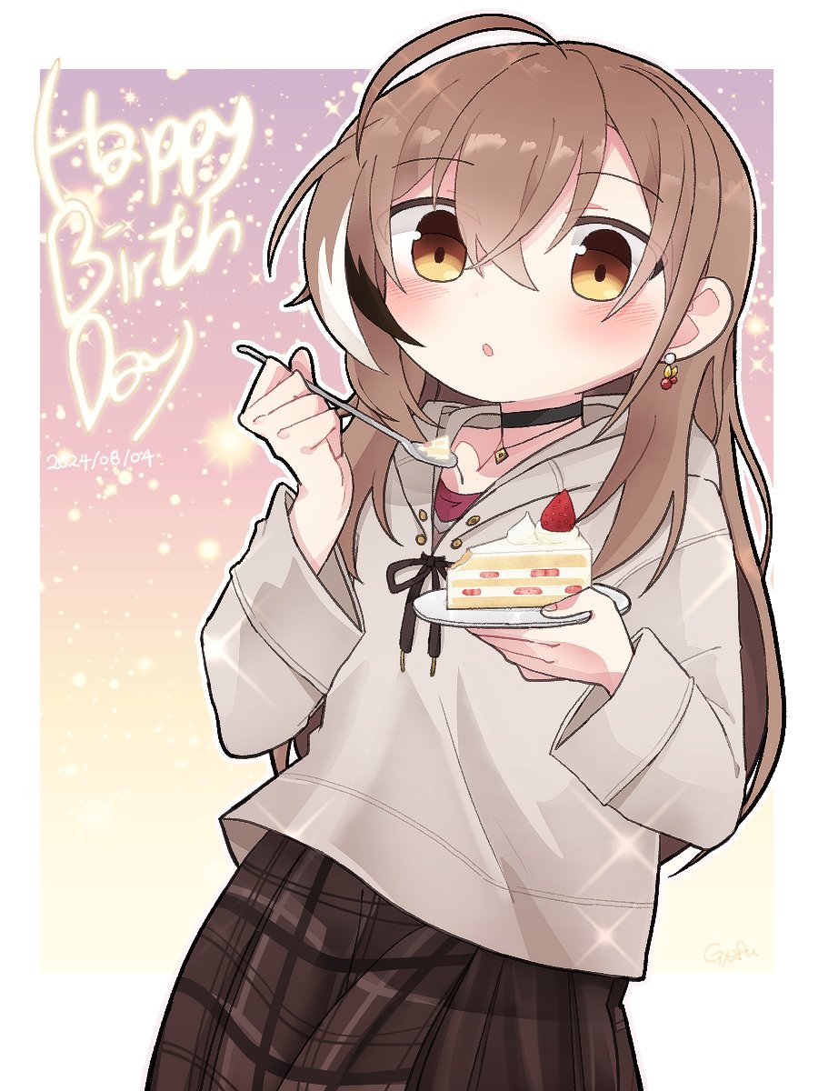 Safebooru - 1girl ahoge berry black choker brown eyes brown hair brown hoodie brown skirt cake ...