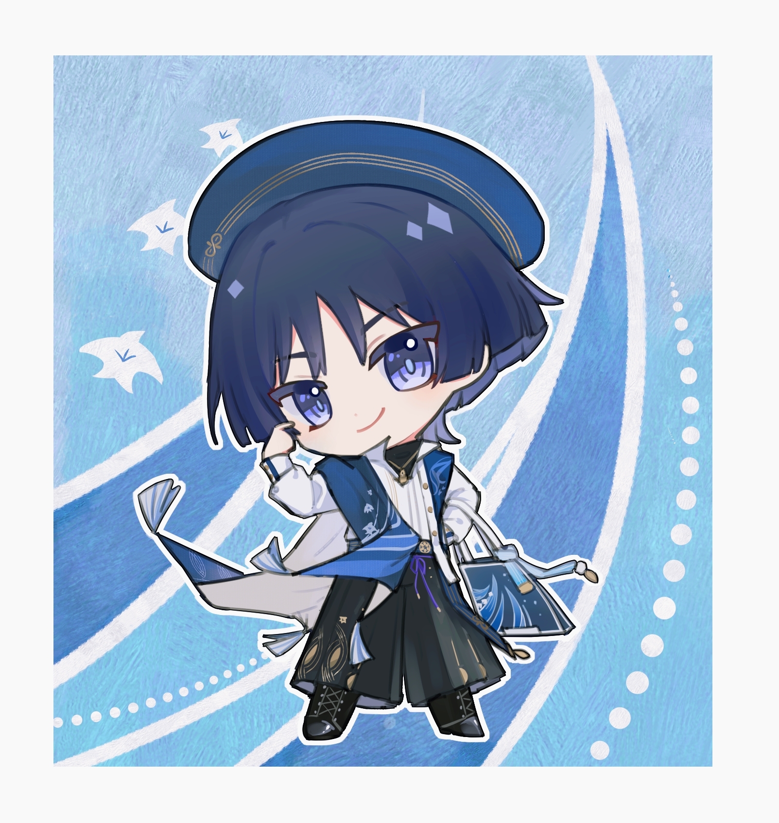 Safebooru - 1boy bag beret blue background blue theme border chibi ...