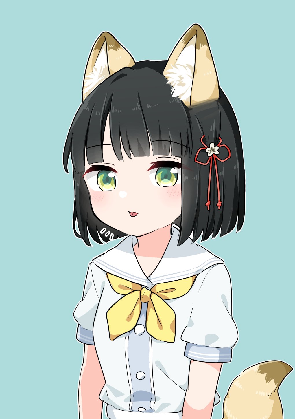 Safebooru - 1girl :p animal ear fluff animal ears black hair blue background blue dress blunt ...