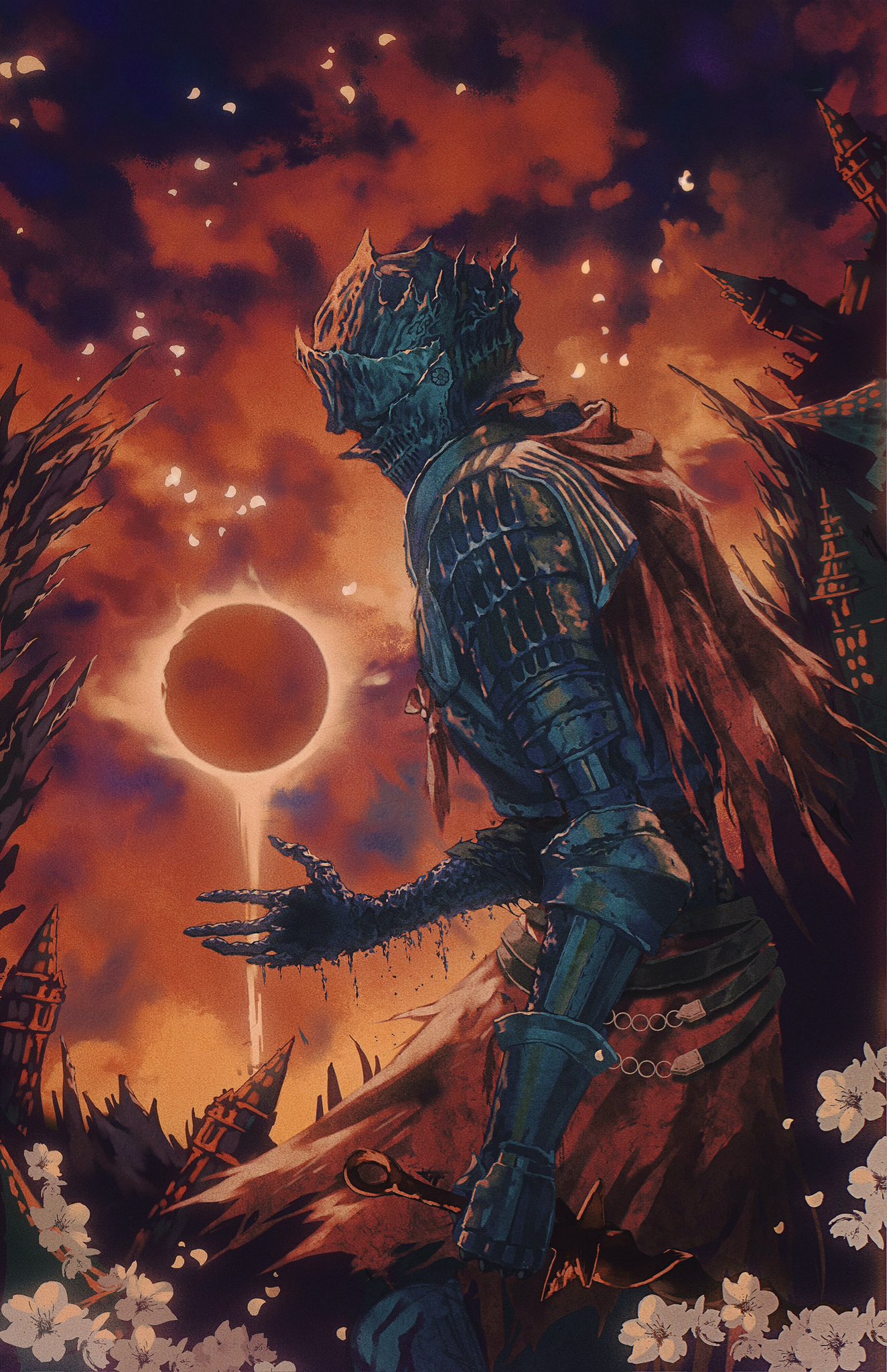 Safebooru - 1other armor belt black sun cape clouds coiled sword ...