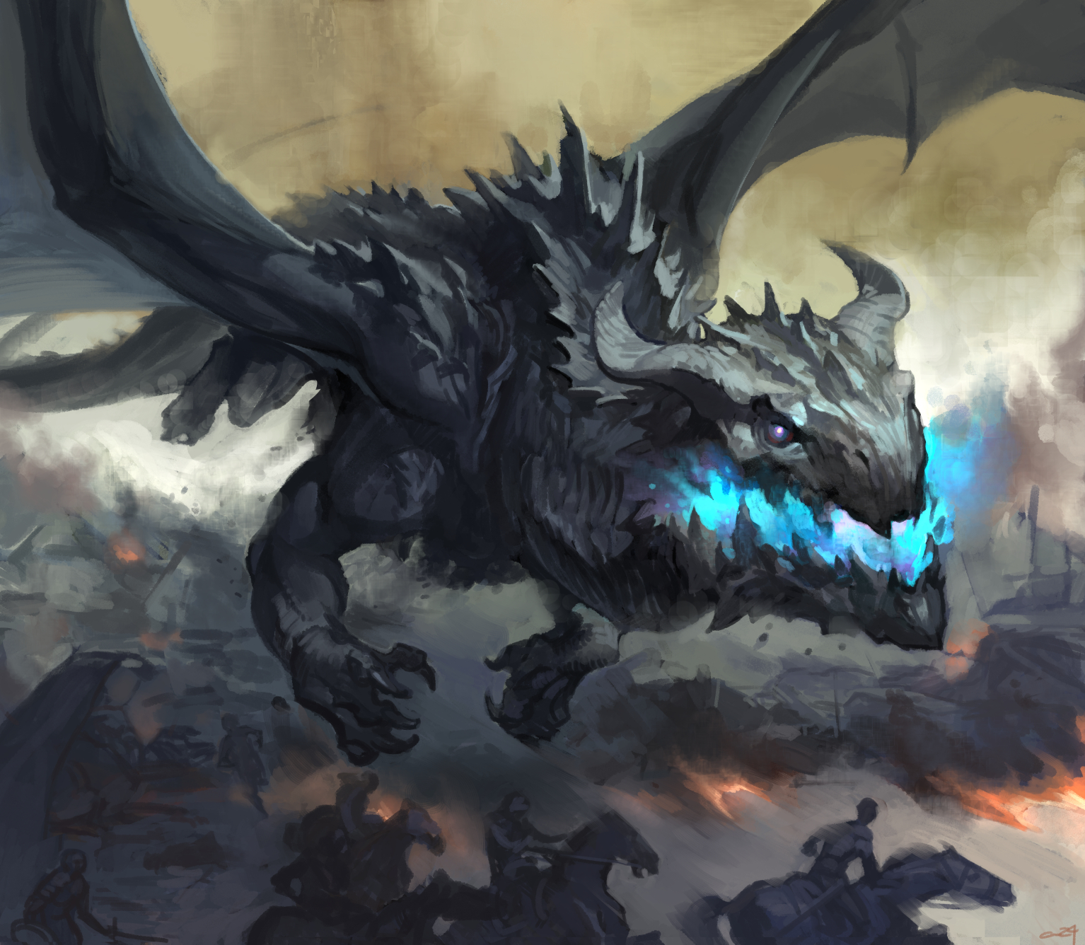 Safebooru - battle battlefield blue fire breath weapon breathing fire ...