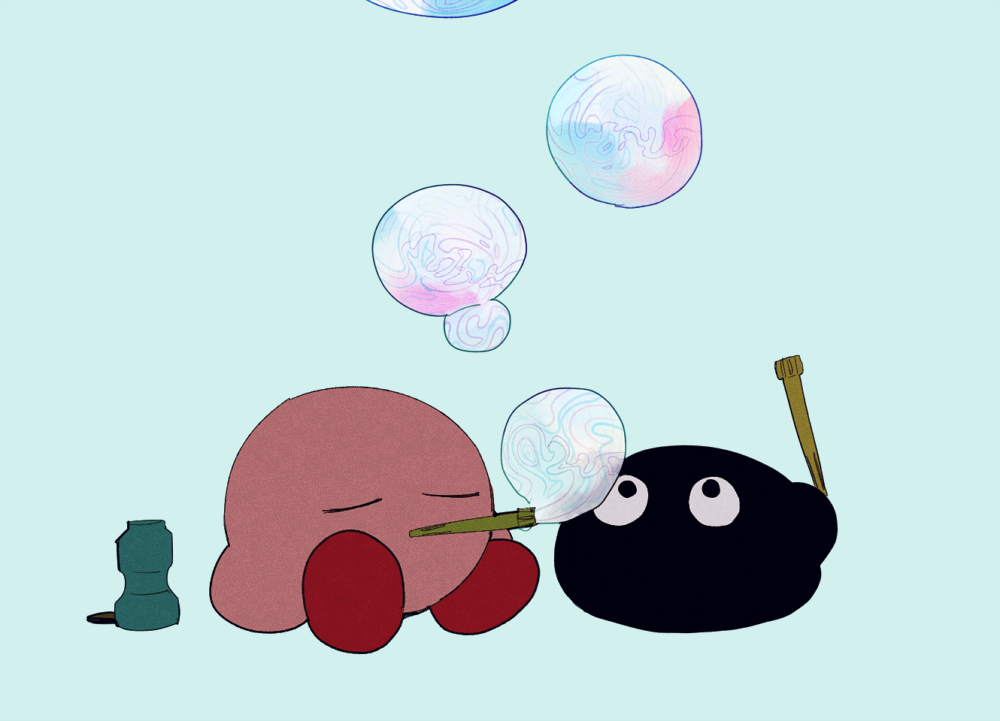 Safebooru - black eyes blowing bubbles blue background blue skin bottle bubble wand closed eyes ...