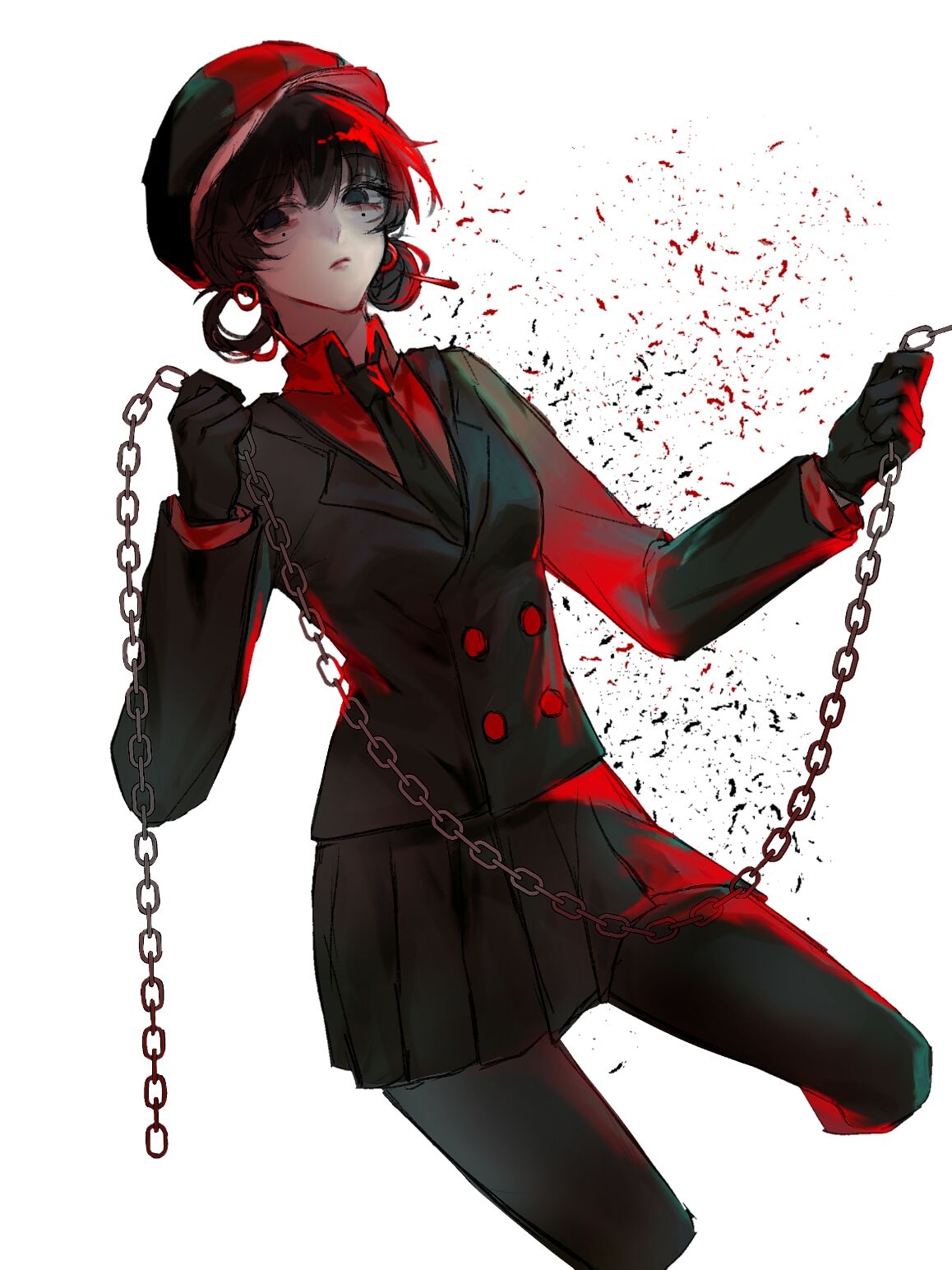 Safebooru - 1girl black gloves black hair black hat black jacket black necktie black pantyhose ...