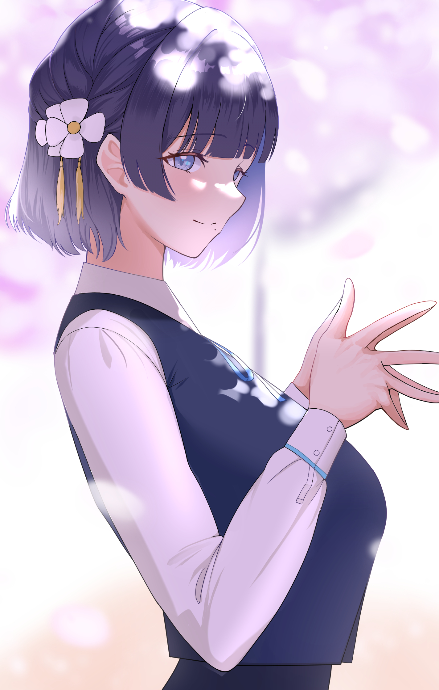 Safebooru - 1girl arisugawa ya blue ribbon blue vest blurry blurry background blush flower ...