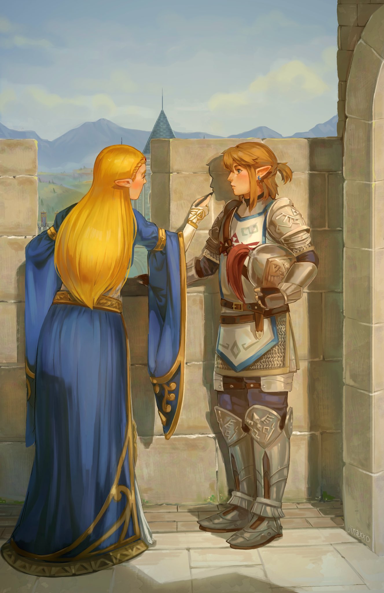 Safebooru - armor blonde hair blue dress castle castle rampart charcoal ...