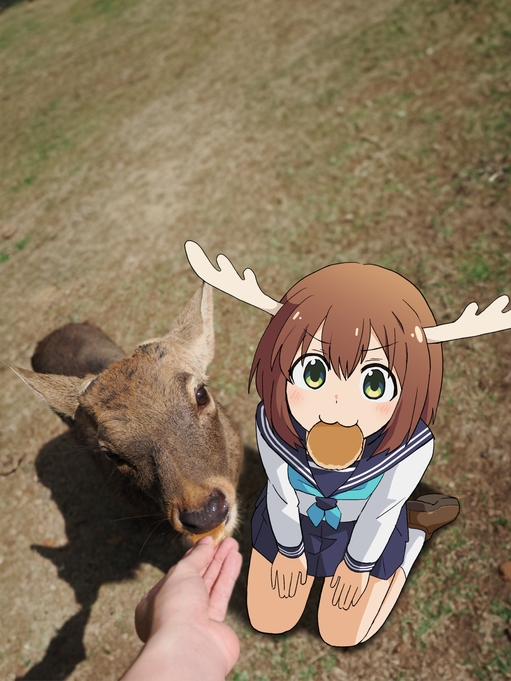 Safebooru - 1girl 1other :3 antlers blue neckerchief blush brown hair commentary request deer ...