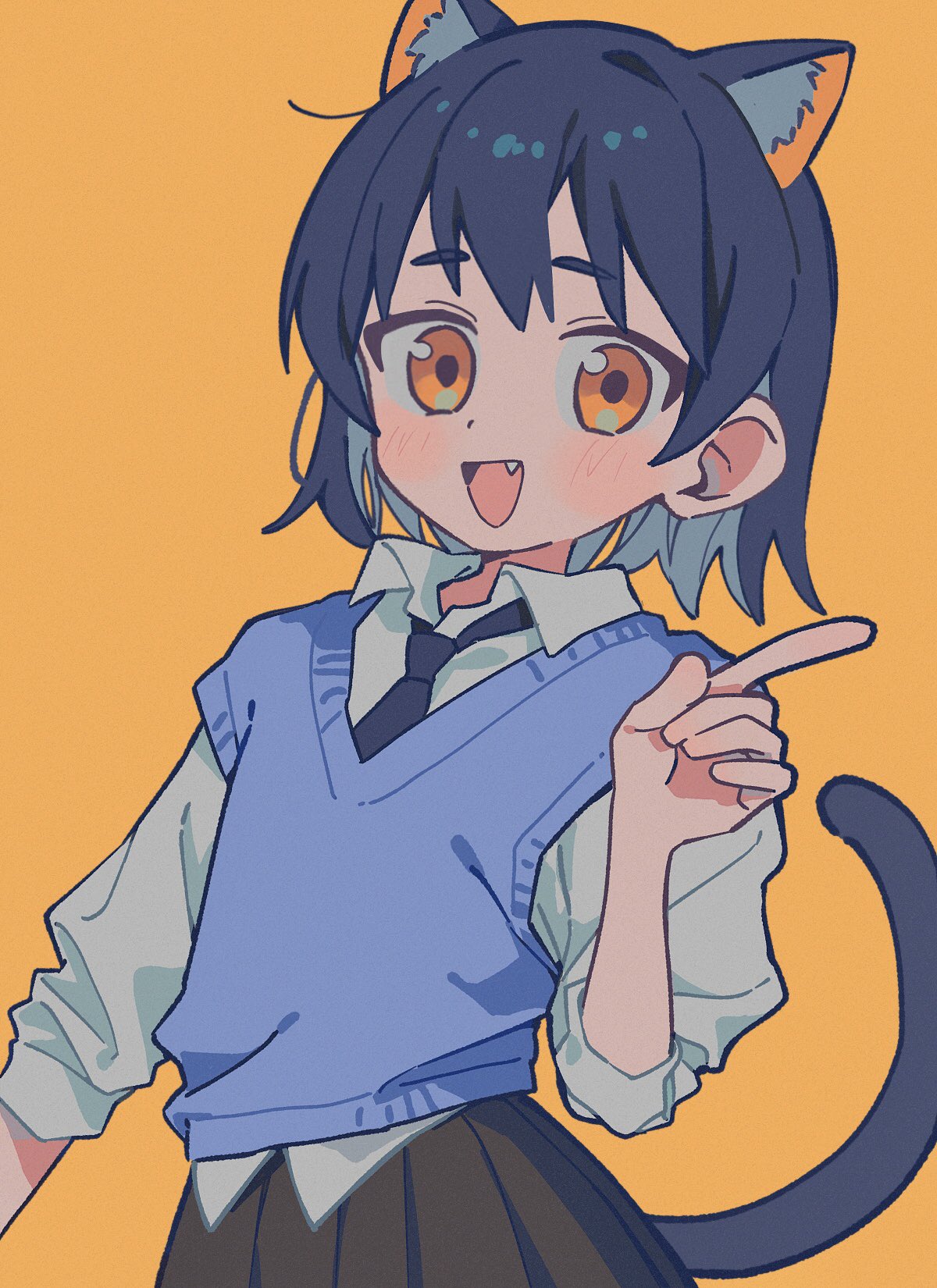 Safebooru - 1girl :d animal ear fluff animal ears arm at side black skirt blue hair blue necktie ...