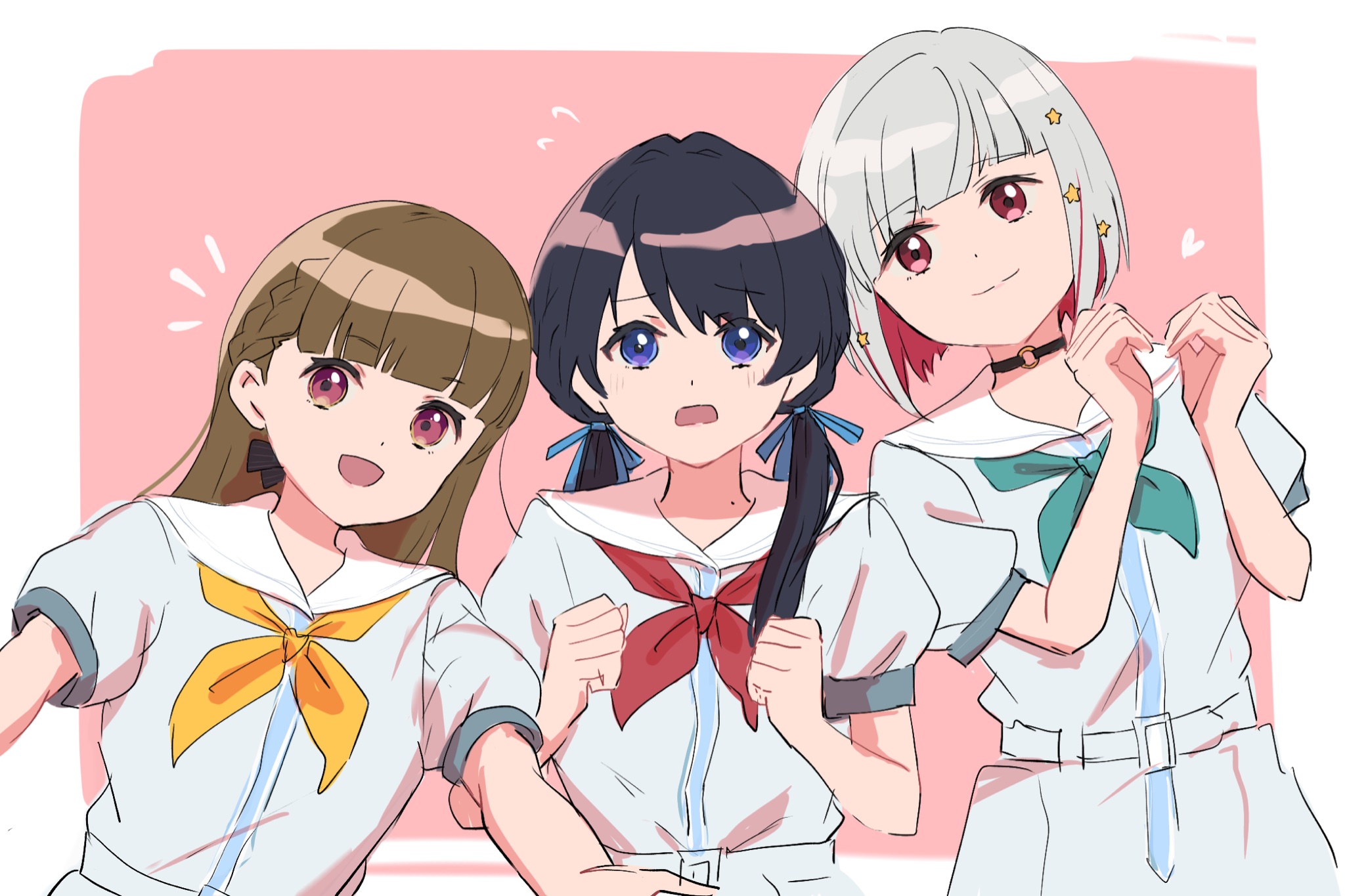 Safebooru - 3girls :d aqua neckerchief black choker blue dress blue ...