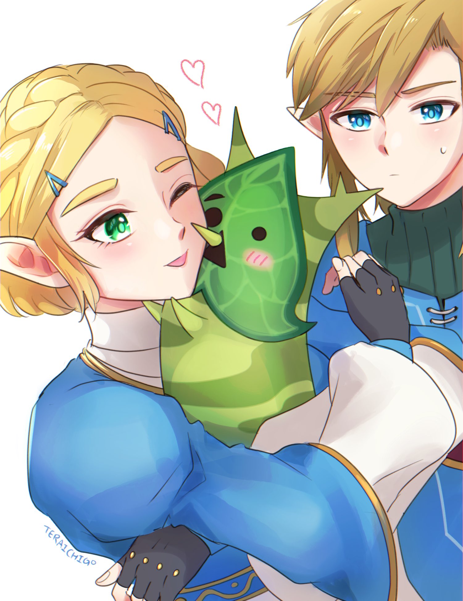 Safebooru - 1boy 1girl 1other artist name black gloves blonde hair blue eyes blue shirt braid ...