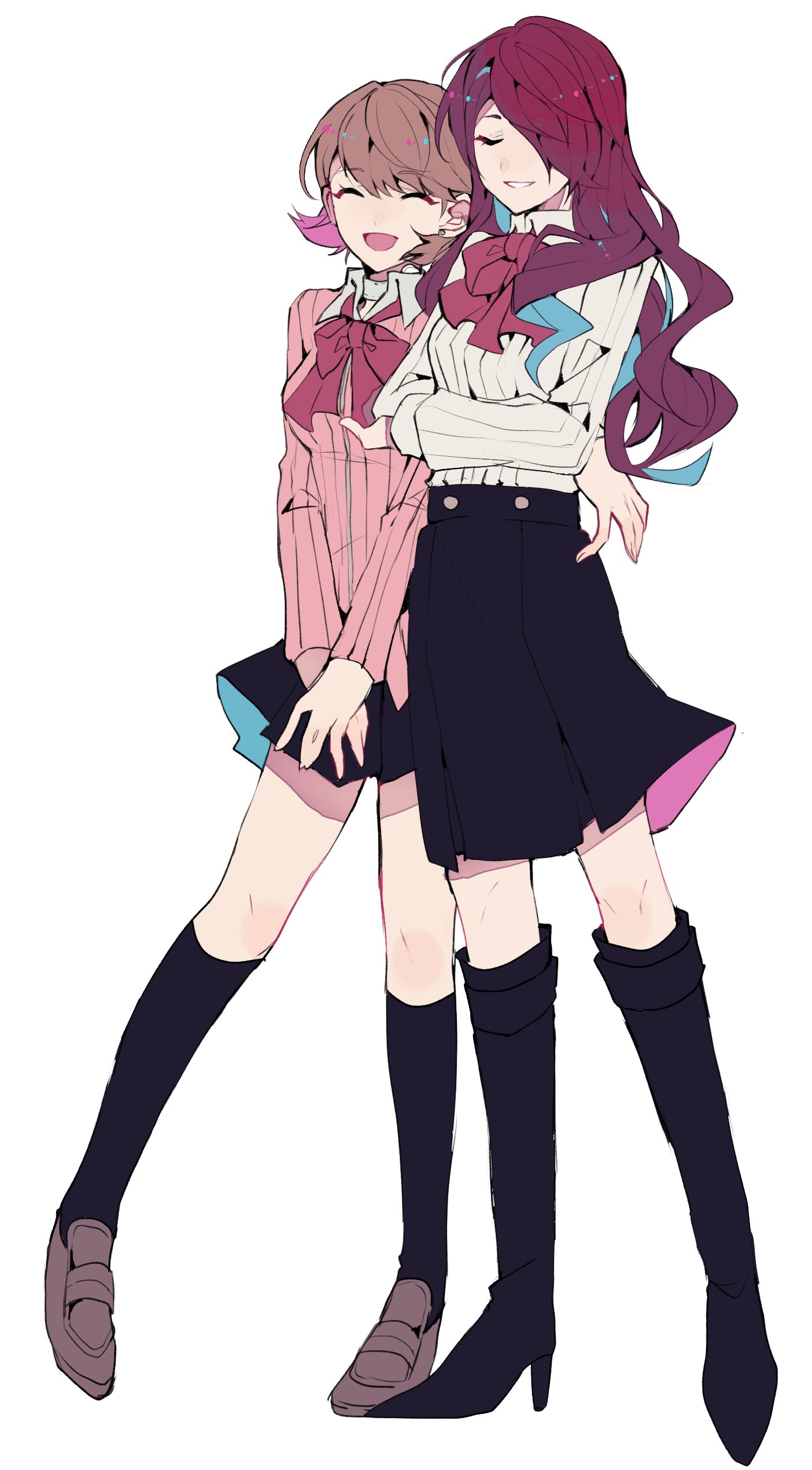 Safebooru - 2girls absurdres black footwear black skirt black socks boots bow bowtie brown ...