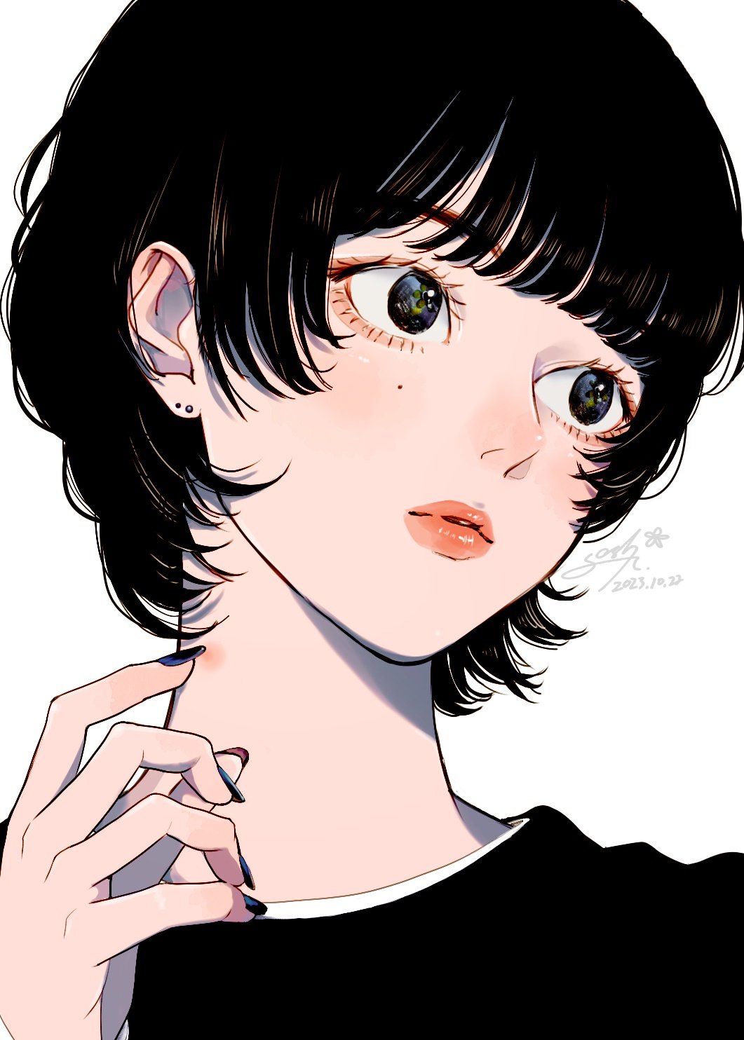 Safebooru - 1girl artist name black eyes black hair black nails black shirt blunt bangs dated ...