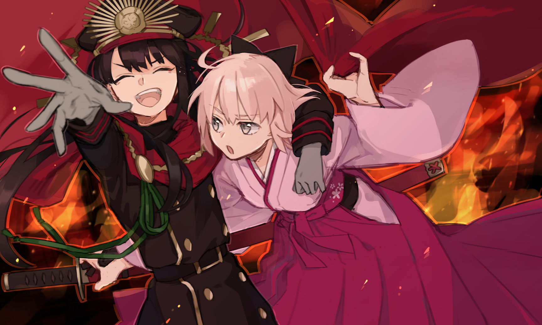 Safebooru - 2girls ahoge belt black belt black coat black hair black hat blonde hair bow brown ...