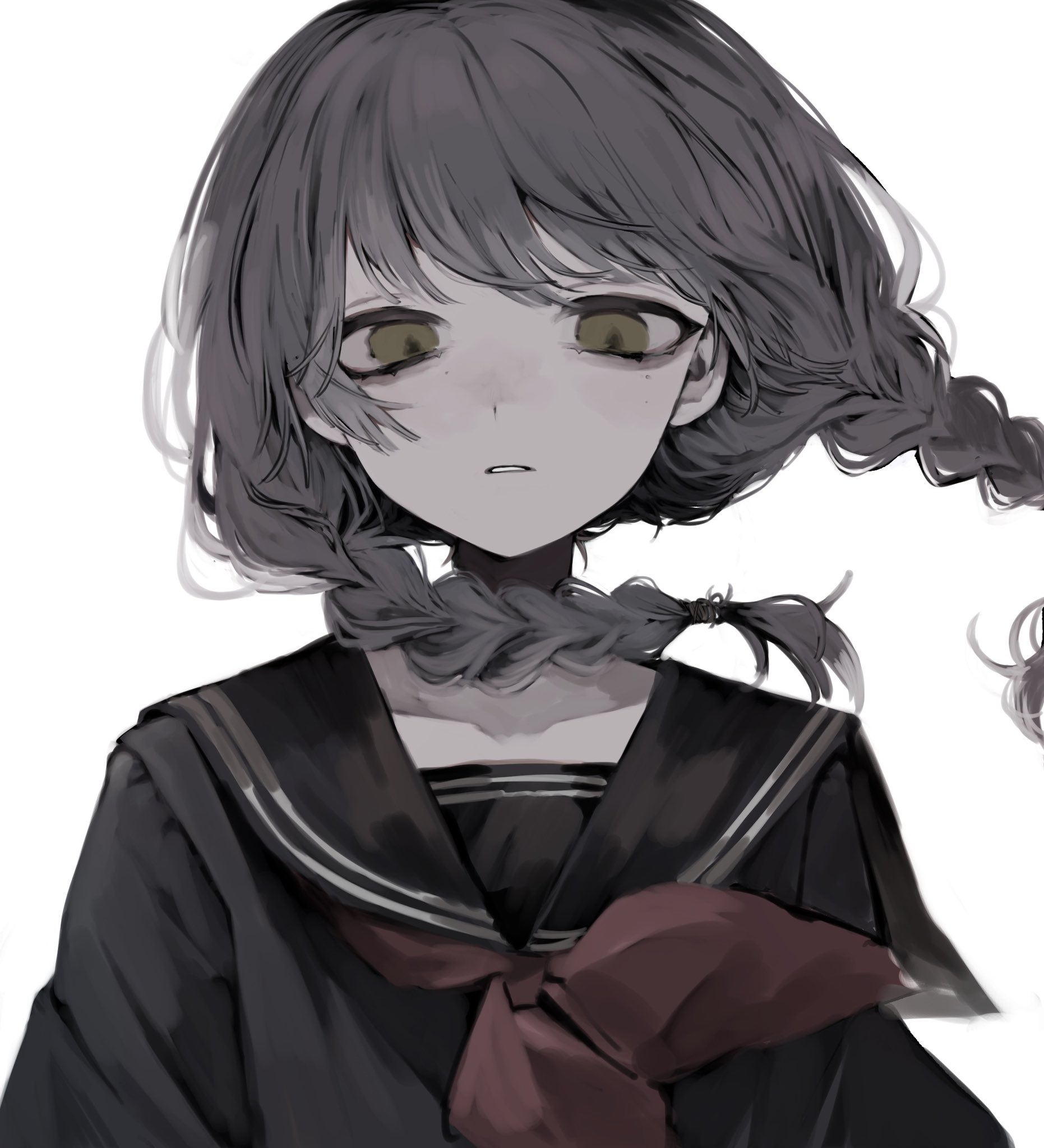 Safebooru - 1girl black hair black sailor collar black shirt braid brown eyes highres looking at ...