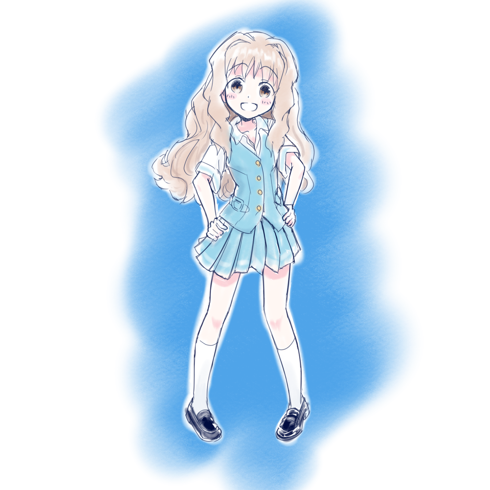 Safebooru - 1girl :d blonde hair blue uniform brown eyes cross channel highres loafers long hair ...