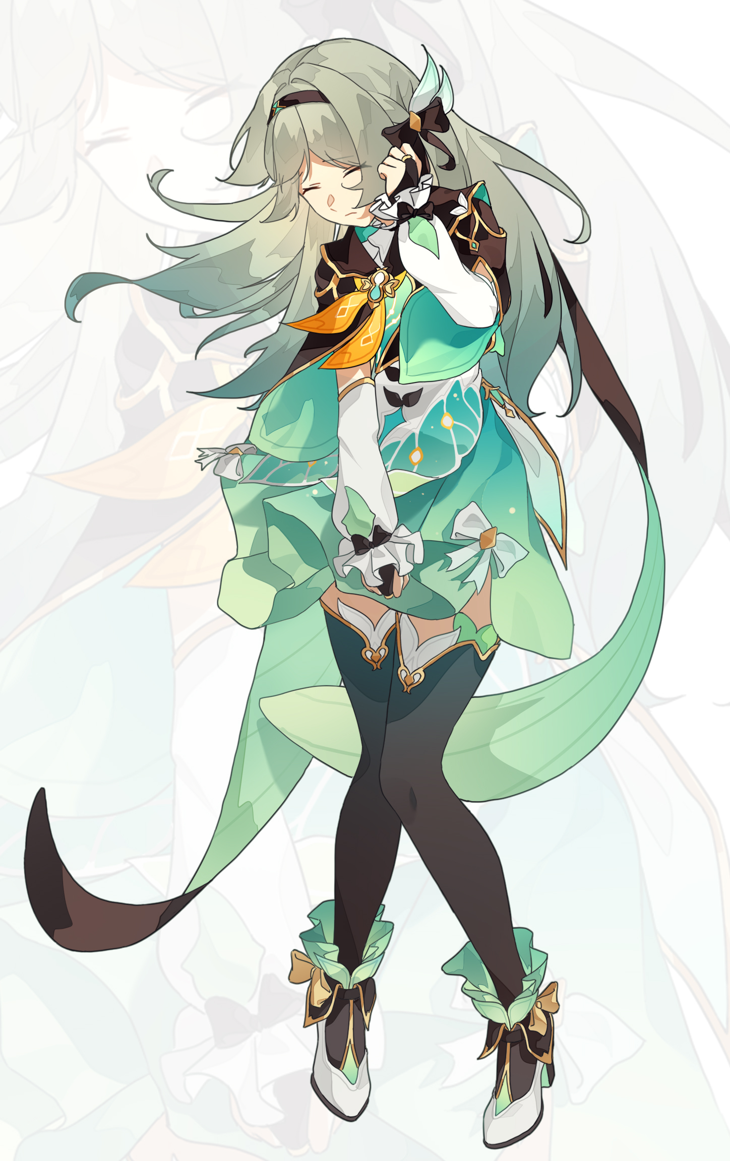 Safebooru - 1girl aqua eyes aqua skirt aqua thighhighs black bridal gauntlets black hairband ...