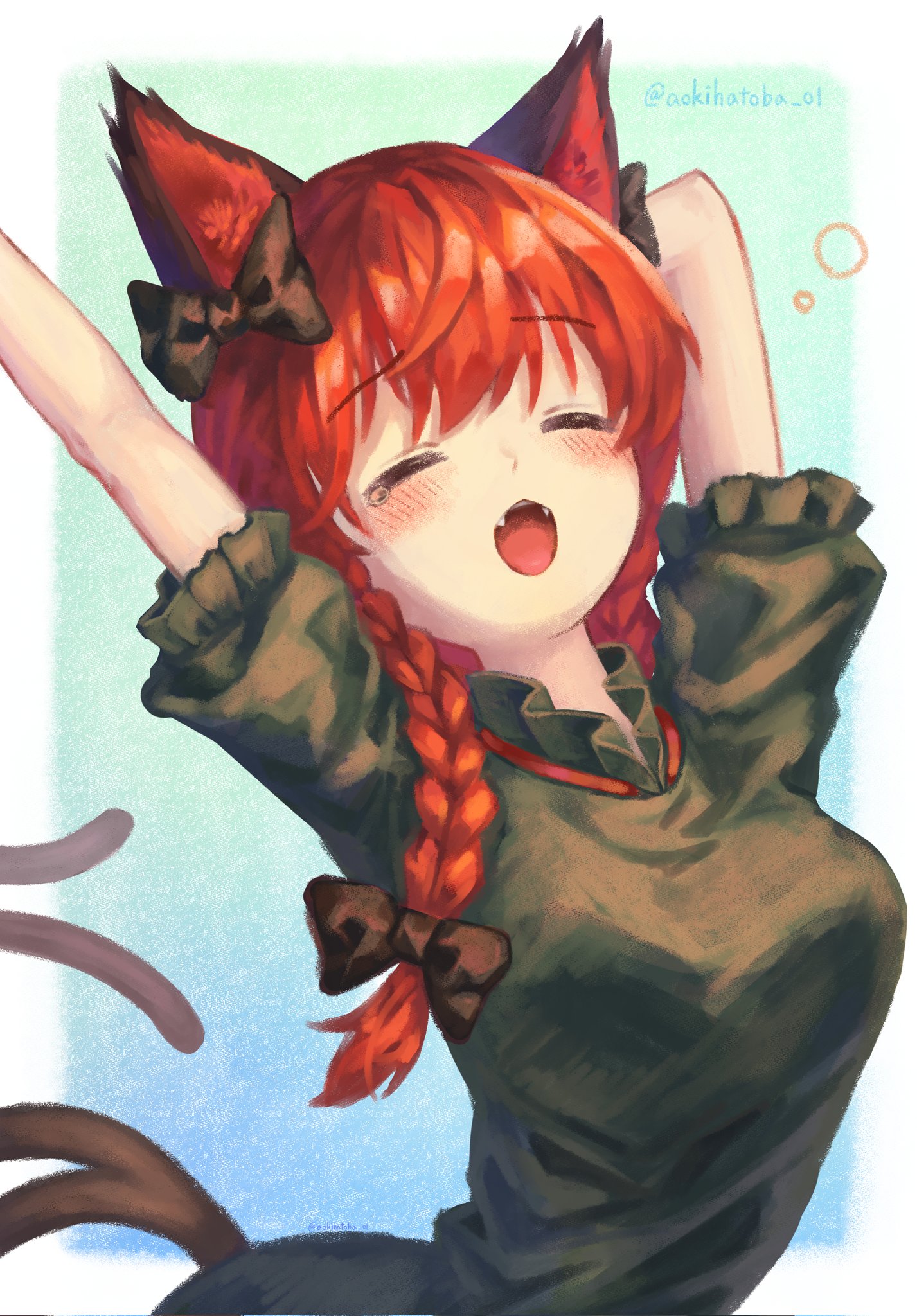 Safebooru - 1girl animal ear fluff animal ears aokihatoba 01 arm up bare arms black bow blue ...