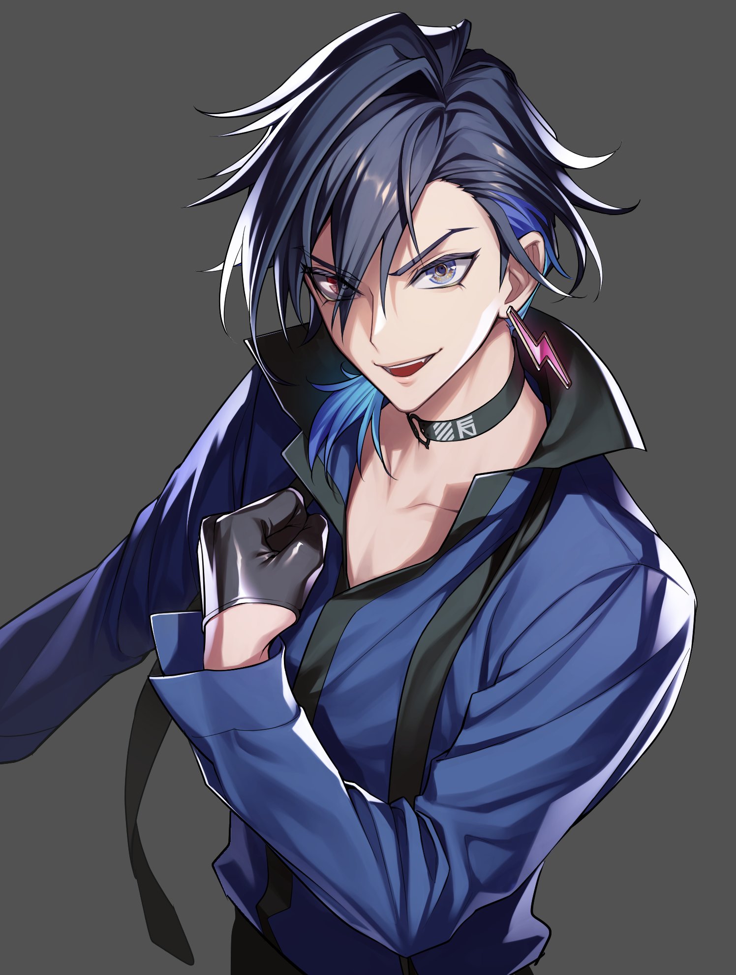 Safebooru - 1boy bata000e black choker black gloves blue eyes blue hair blue shirt choker ...