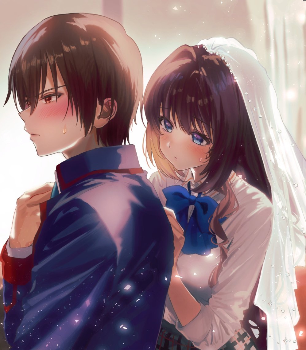 Safebooru - 1boy 1girl a-chan senpai black jacket blue bow blue eyes ...